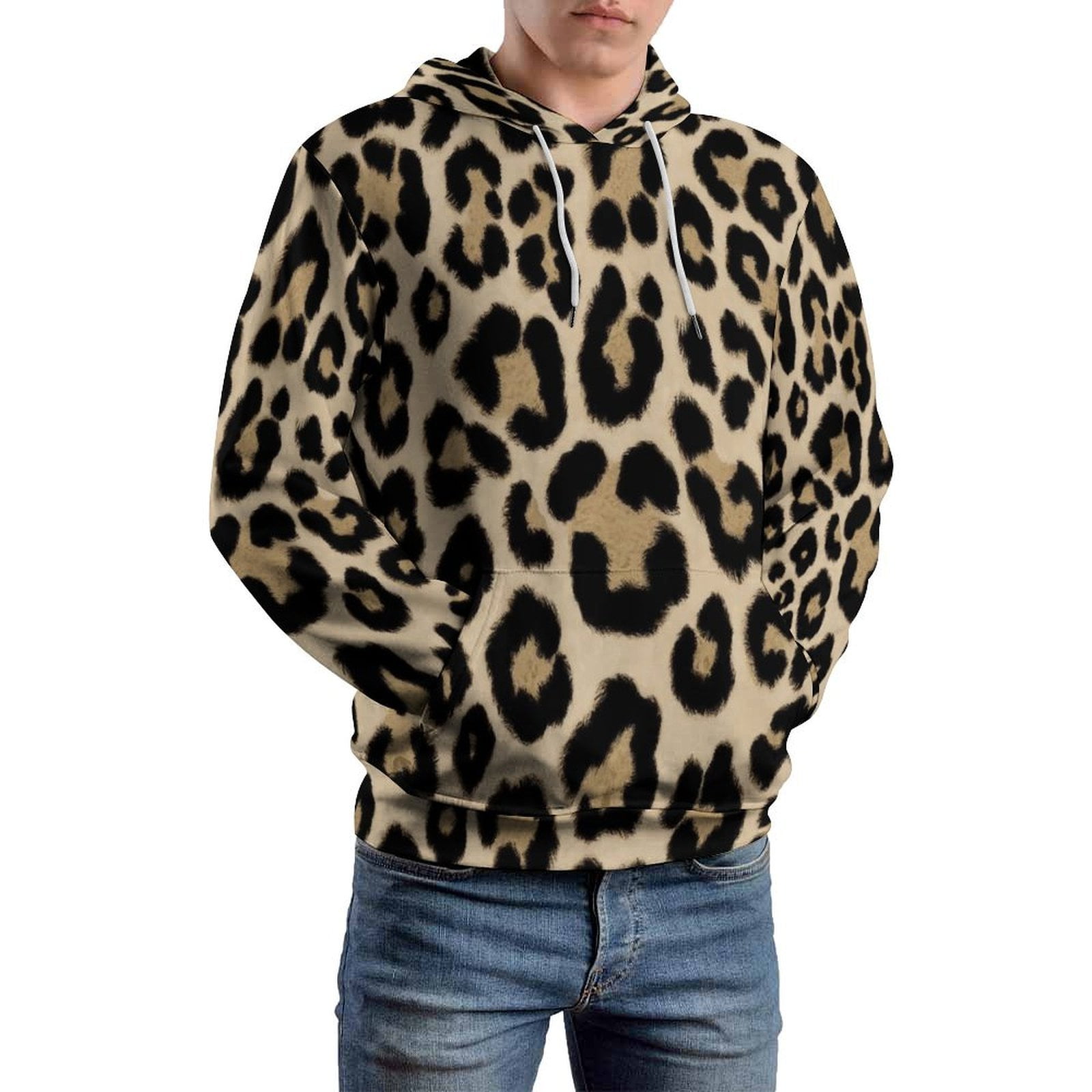 Beige Black Leopard Print Pattern Oversized Hoodies For Men Teen ...