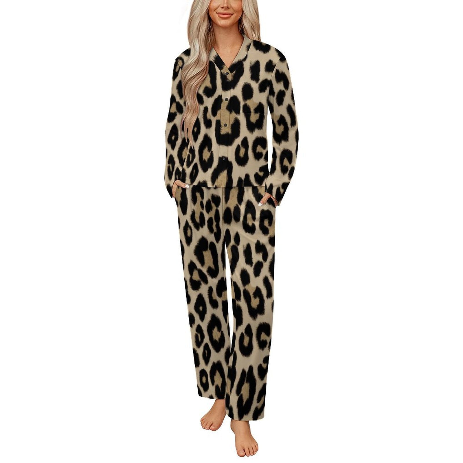 Beige Black Leopard Print Pattern Womens Pyjamas Set Button Up Pyjamas ...