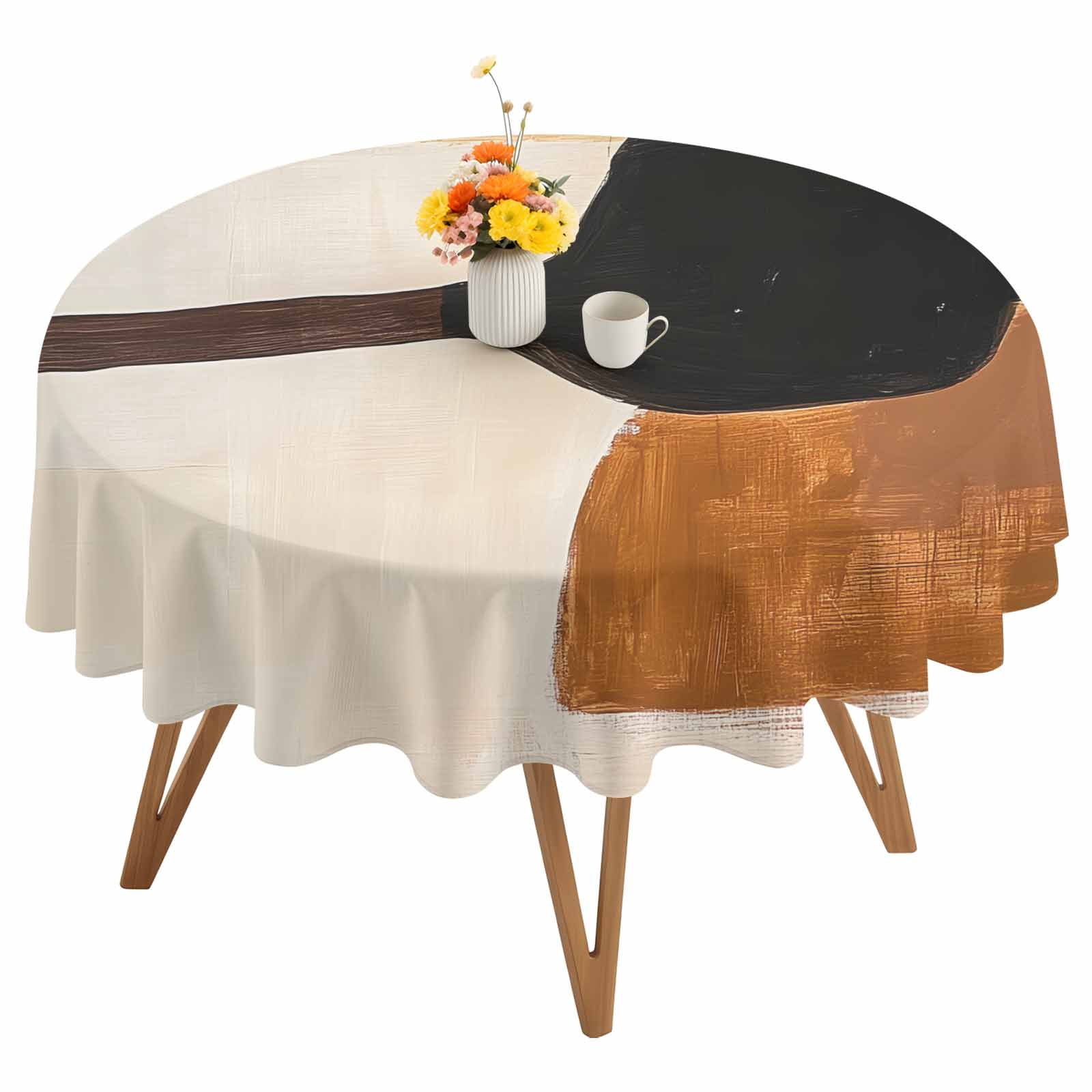 Beige Black Round Tablecloth 60 inches Brown Abstract Art Graffiti ...