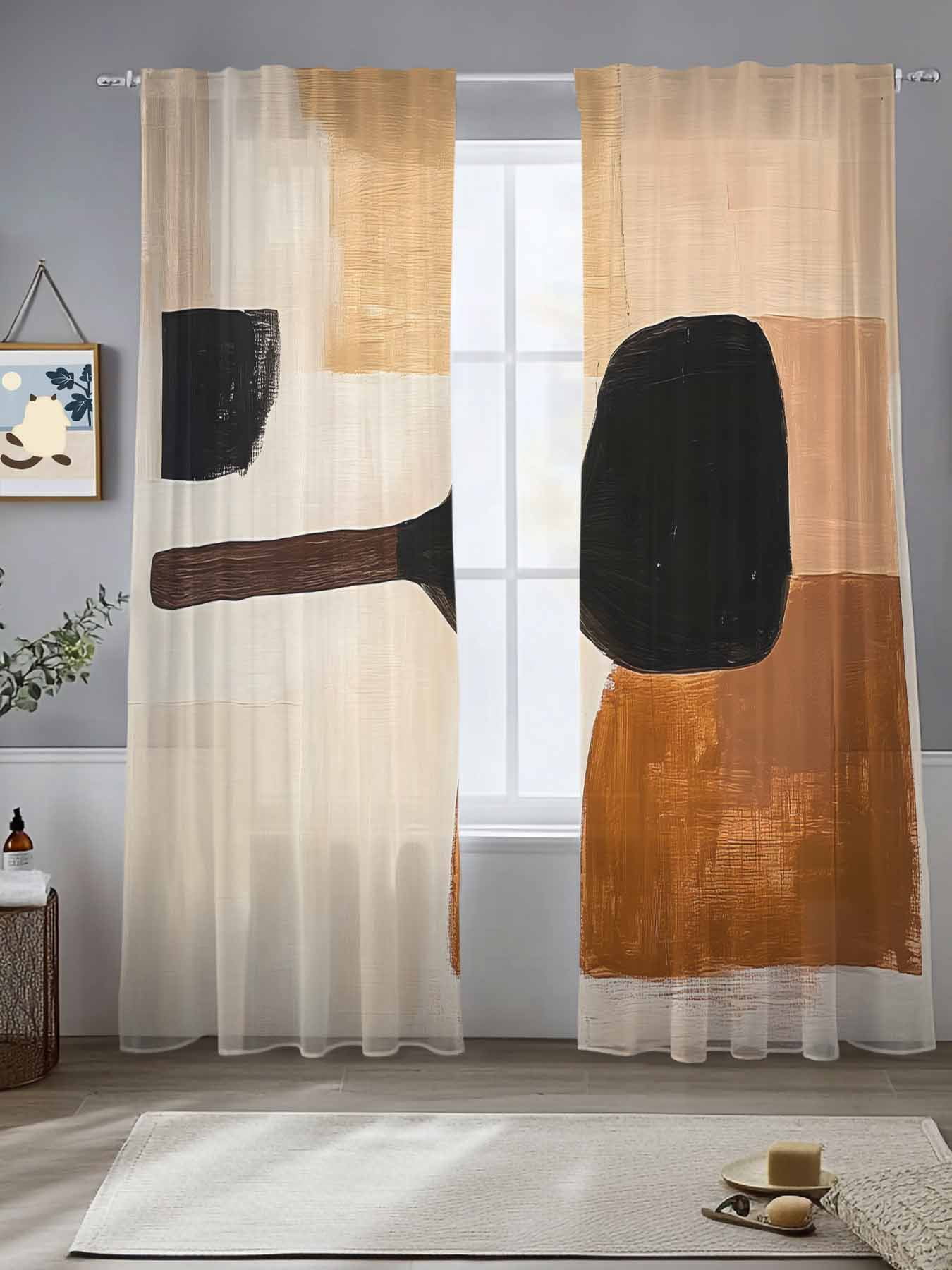Beige Black Sheer Curtains 108 Inches Long 2 Panels Brown Abstract Art ...