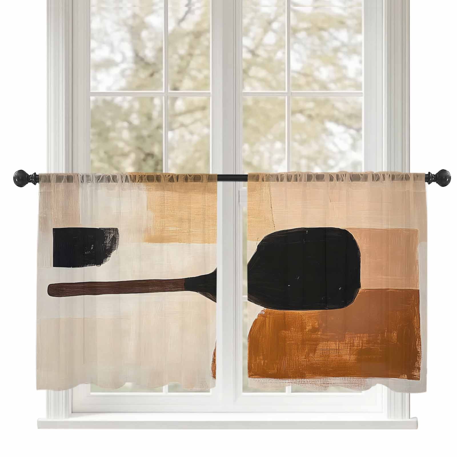 Beige Black Sheer Curtains 45 inches Long 2 Panels Set Brown Abstract ...