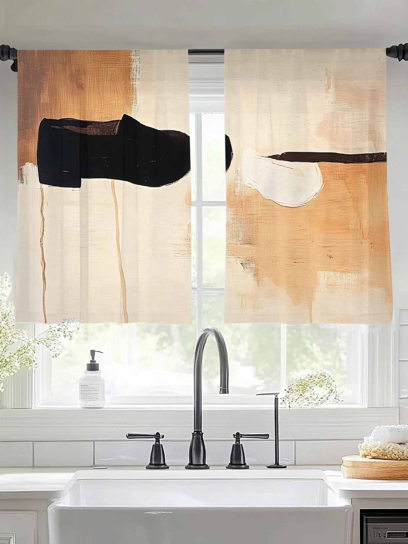 Beige Black Sheer Curtains 54 Inches Long 2 Panels Abstract Art Mottled ...