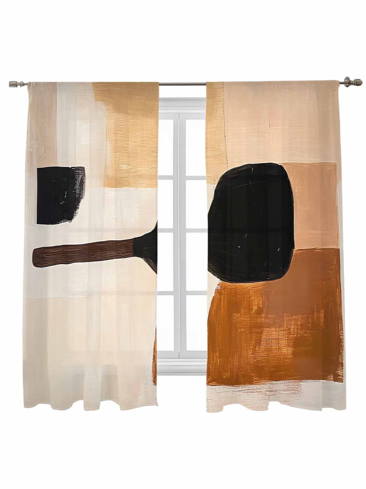 Beige Black Sheer Curtains 72 inches Long 2 Panels Set Brown Abstract ...
