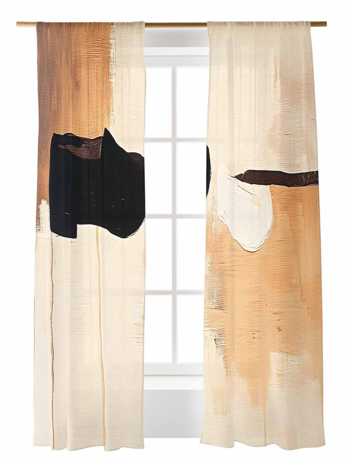Beige Black Sheer Curtains 84 inches Long 2 Panels Set Abstract Art ...