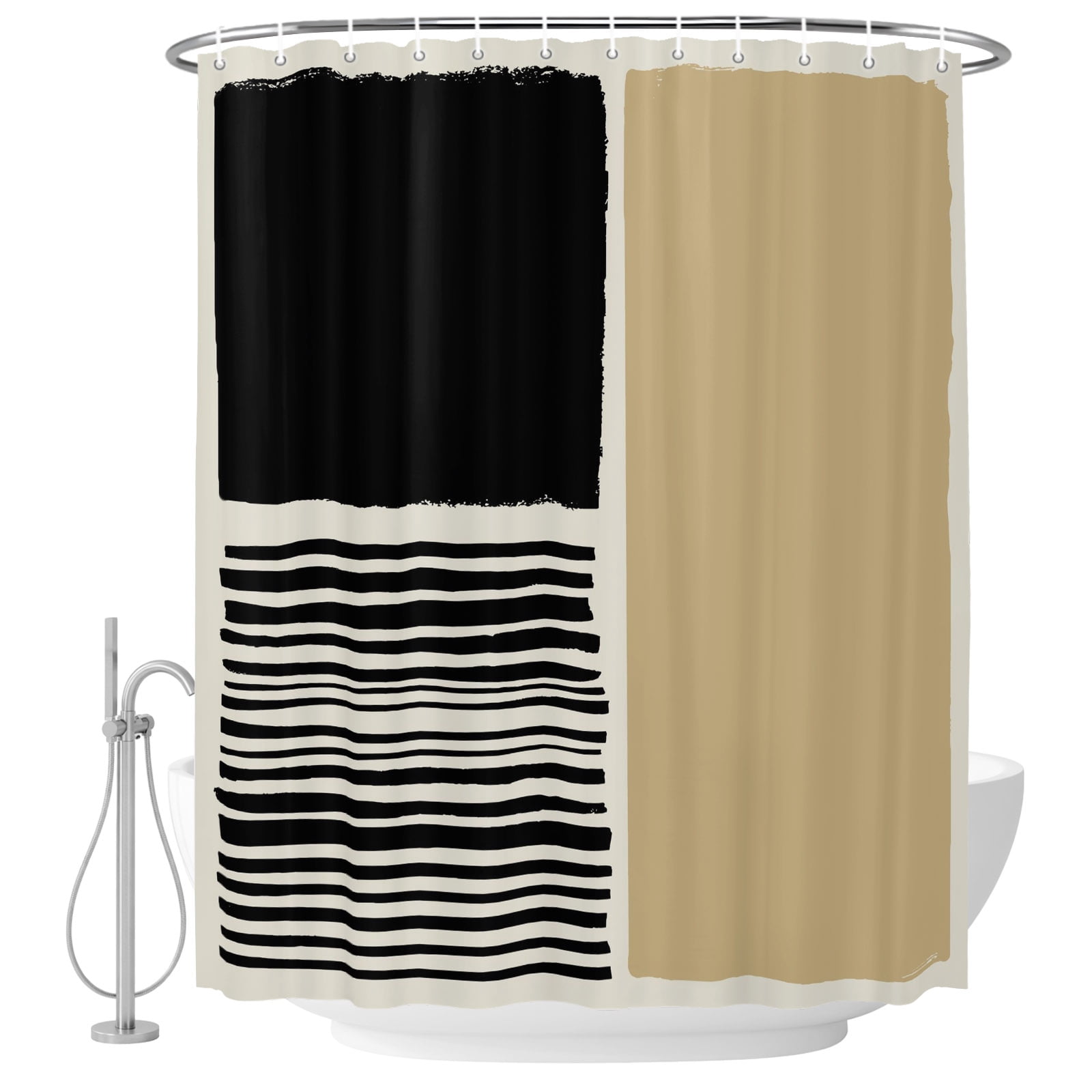 Beige Black Shower Curtain for Bathroom, Vintage Japanese Style Striped ...