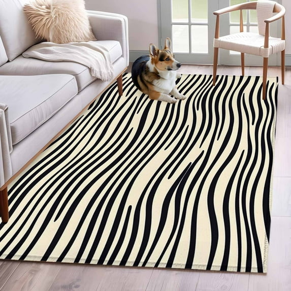 Beige Black Stripe Area Rug 4x6 Washable Rug Non Slip Modern Abstract ...