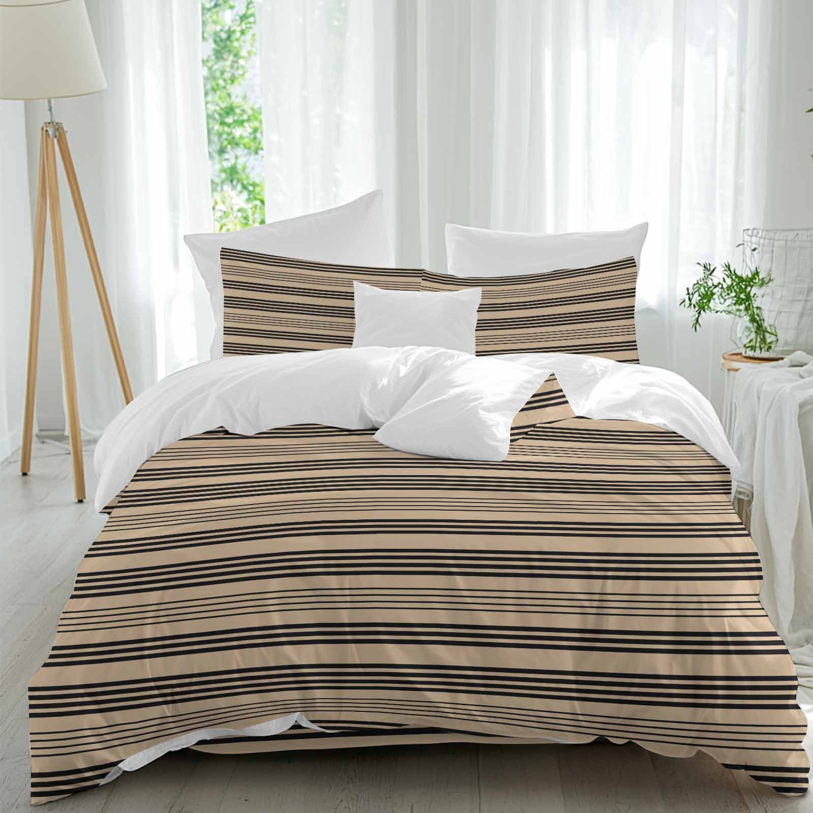 Beige Black Stripe Bedding Duvet Cover Set California King Size 4 ...