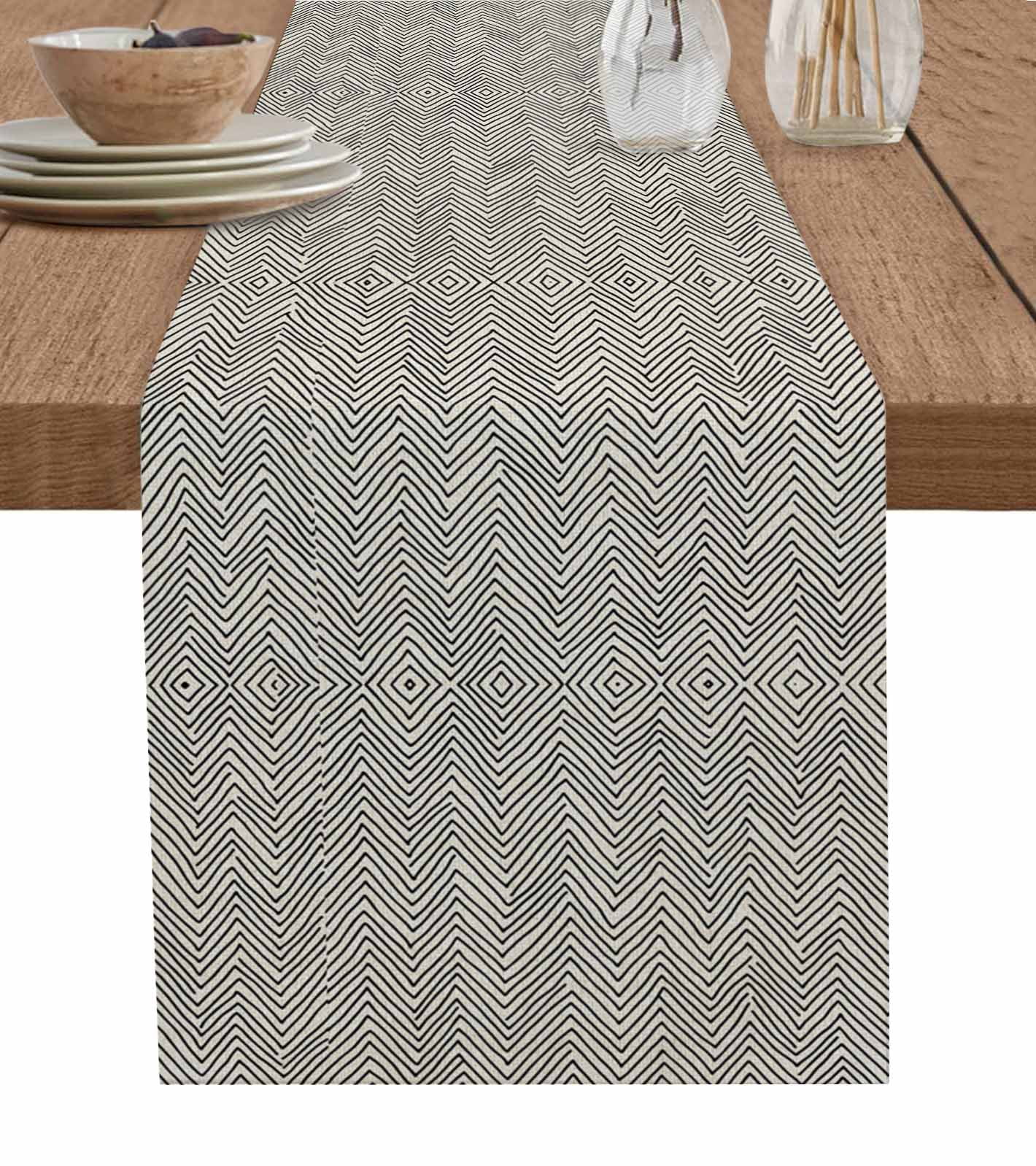 Beige Black Stripe Table Runner 108 Inches, Modern Abstract Art Moire ...