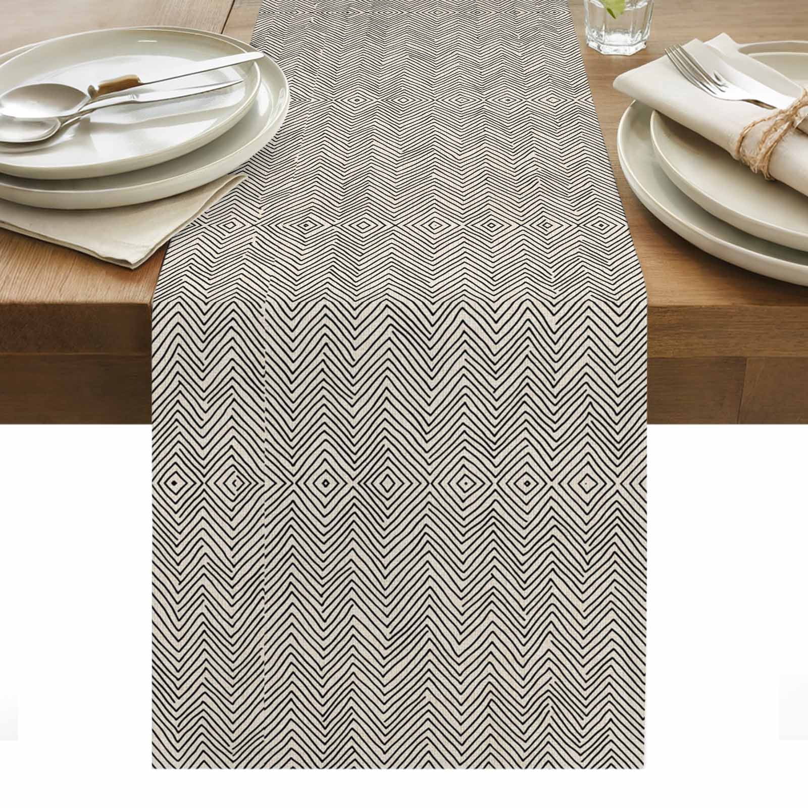 Beige Black Stripe Table Runner - 120 Inch Long, Kitchen Dining Table ...
