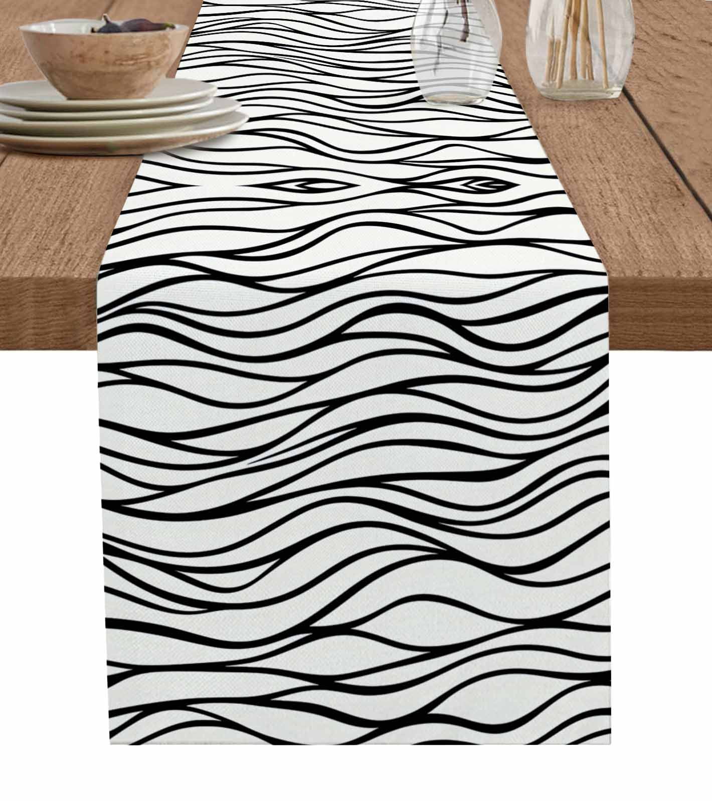 Beige Black Stripe Table Runner 70 Inches, Abstract Art Vertical Wave ...