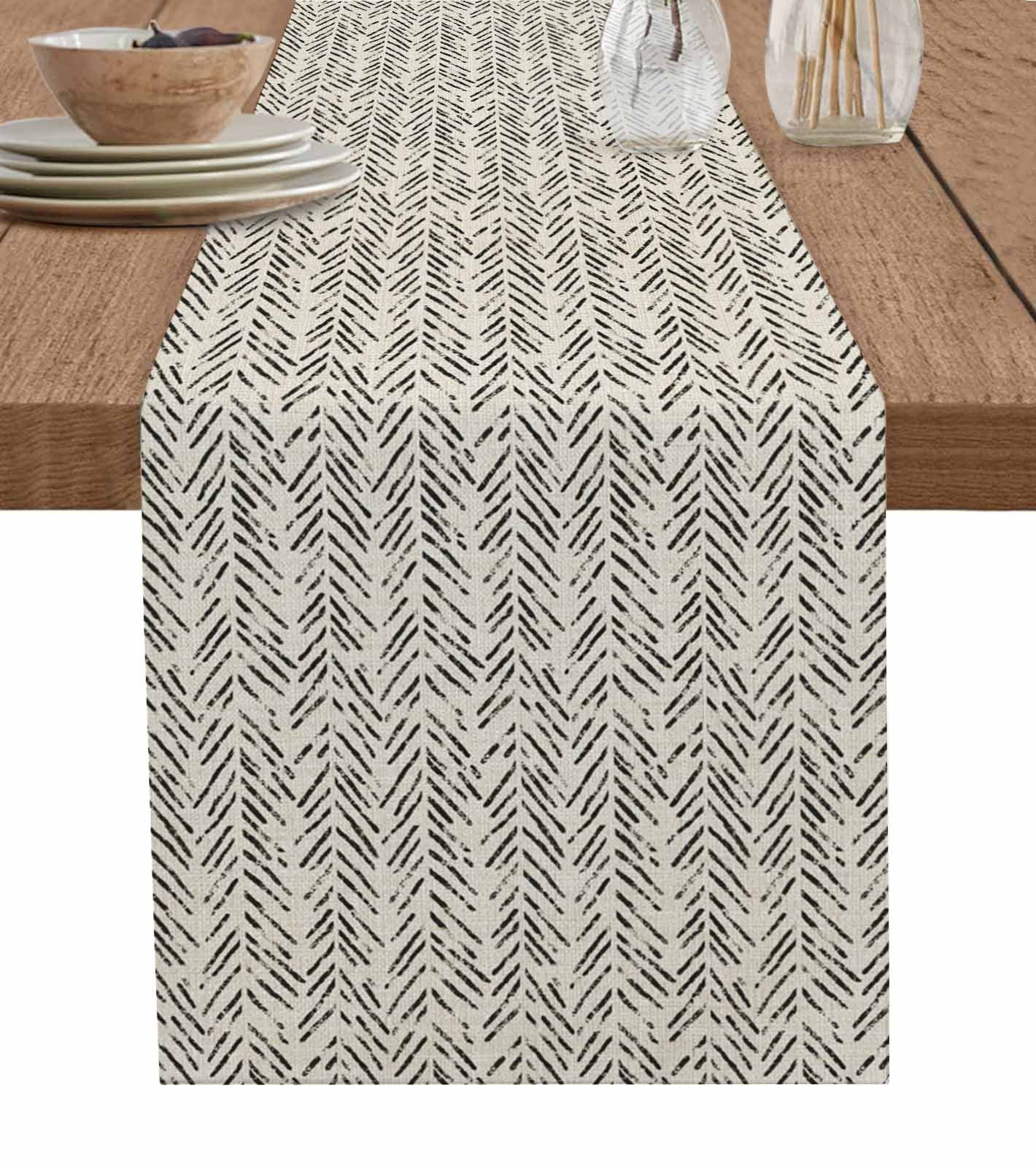Beige Black Striped Burlap Cotton Table Runner 13x120 Inches Long, Abstract Modern Art Irregular ...