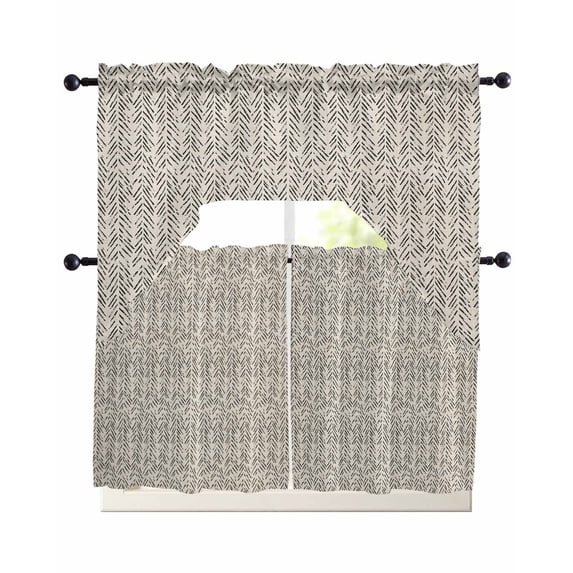 Beige Black Striped Kitchen Curtain and Valance Set 3 Pieces,Rod Pocket ...