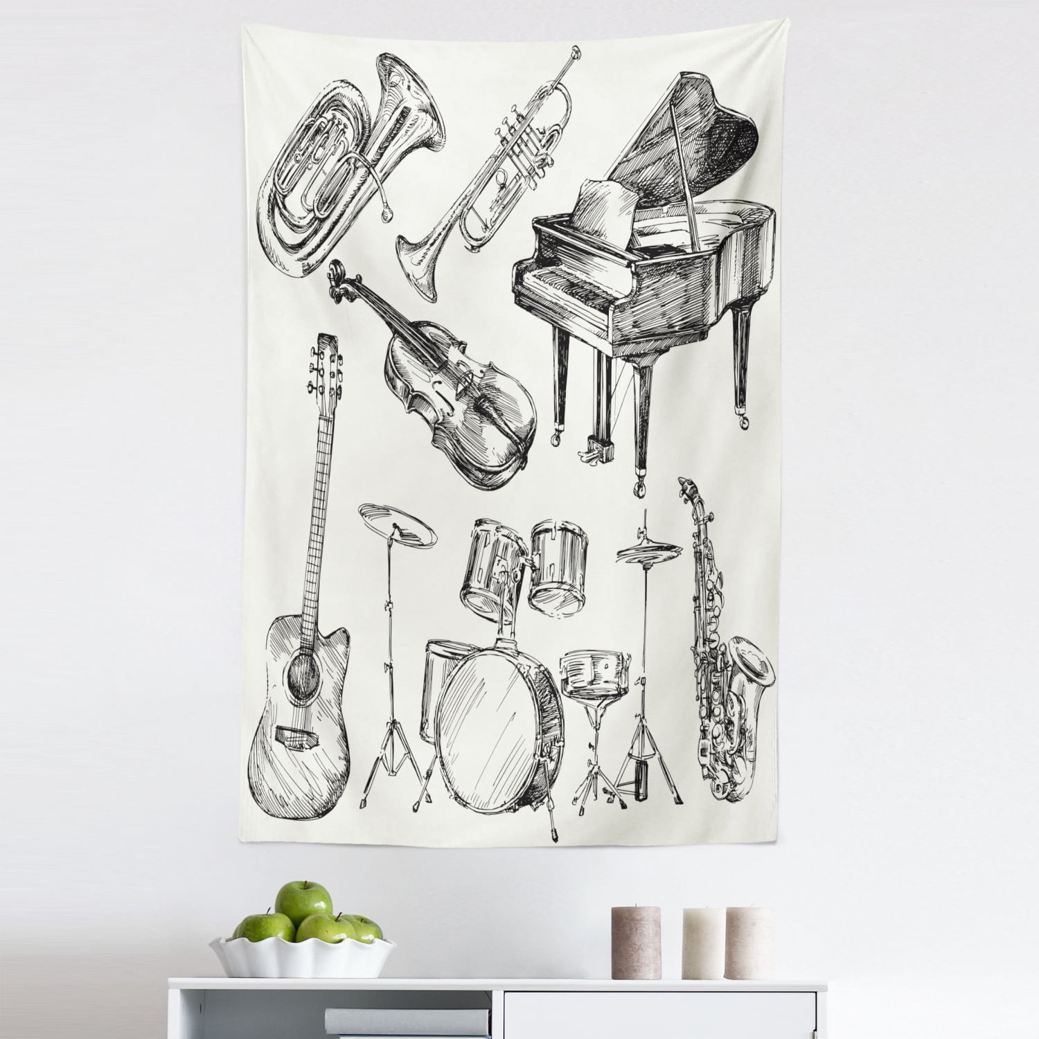 Beige Black Tapestry, Illustration of Musical Instruments Sketch Style ...