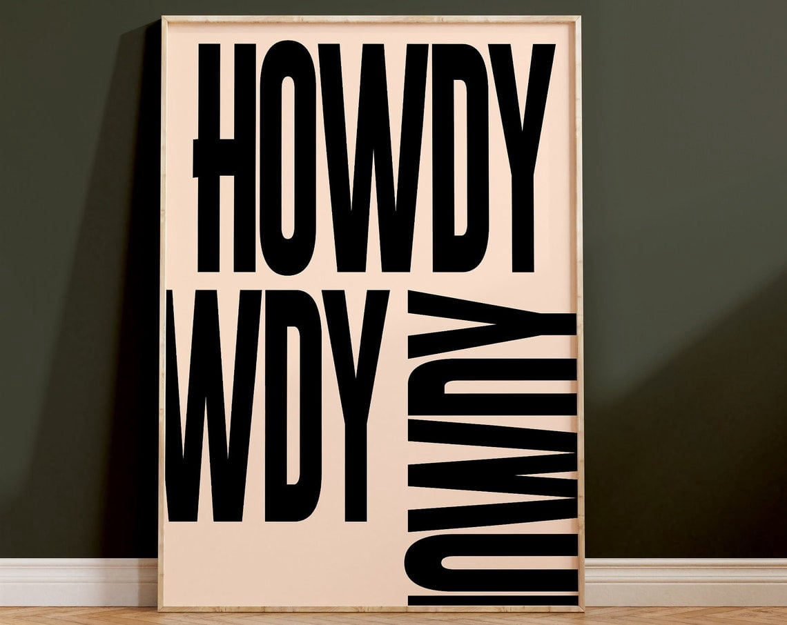 Beige And Black Typography Howdy Print - Retro Modern Scandi Wall Art ...