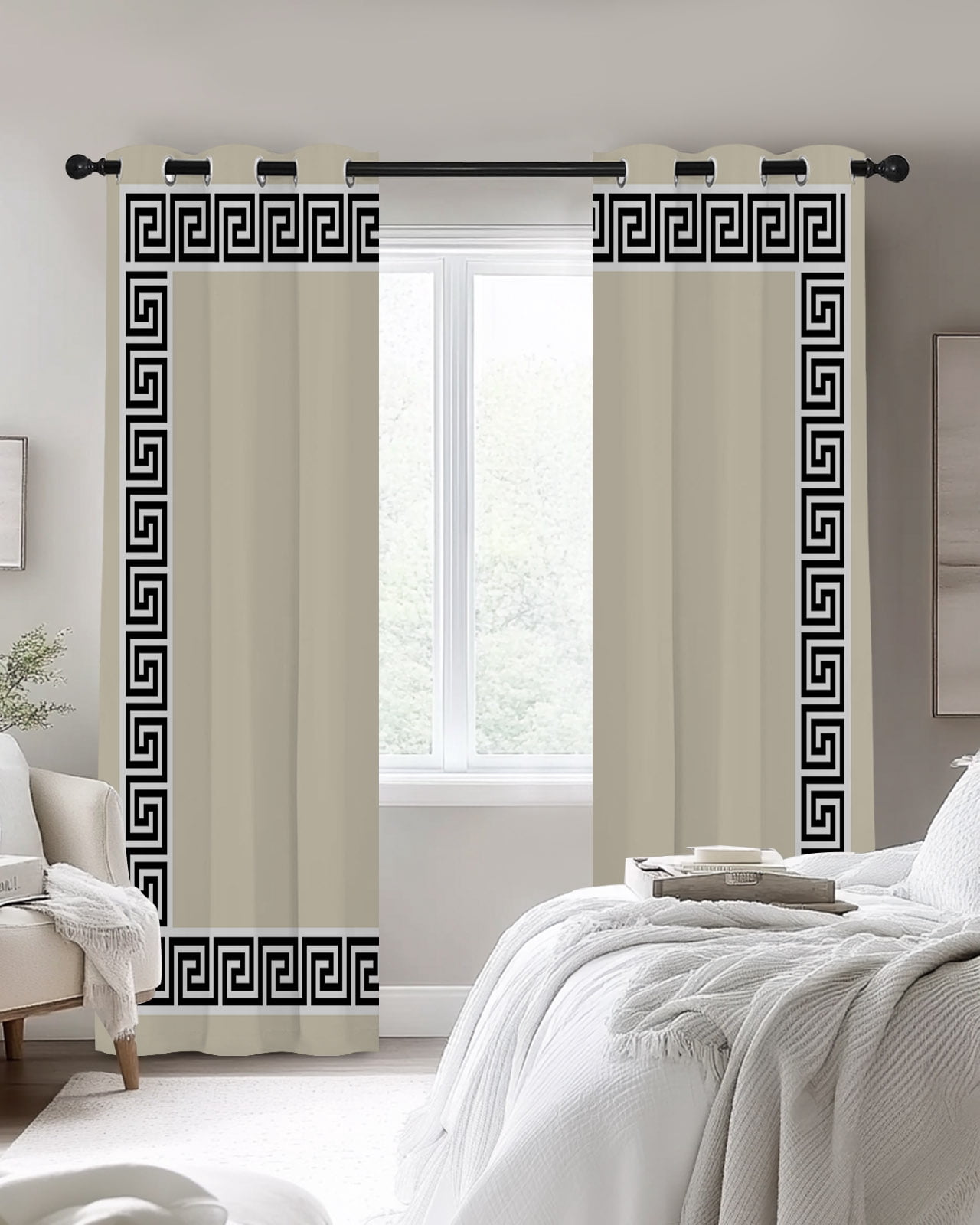 Beige Blackout Curtains 2 Panels, Greek Chinese Style Thermal Insulated ...