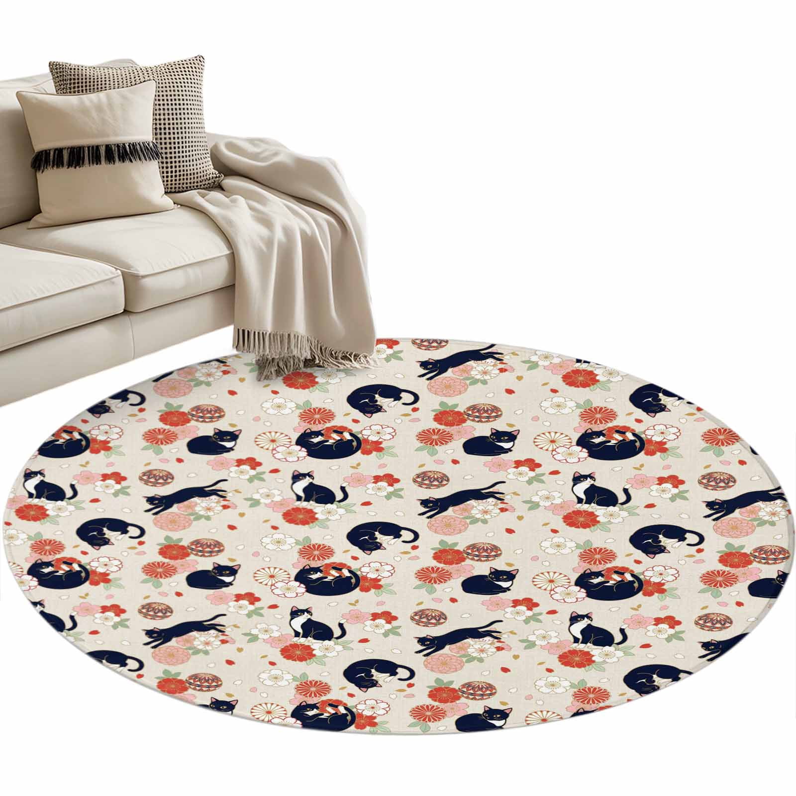 Beige Blossoms Black Cat Round Rug 3.3ft Washable Circle Entryway Rugs ...