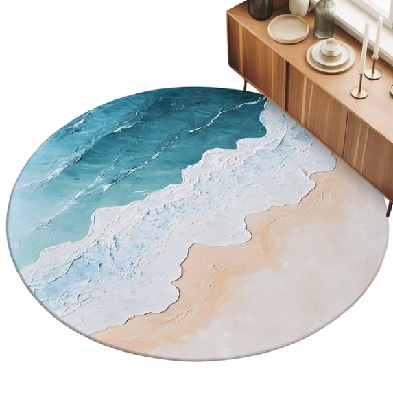 Beige Blue Area Rugs 5' (Round) Gradient Ocean Wave Beach Abstract ...