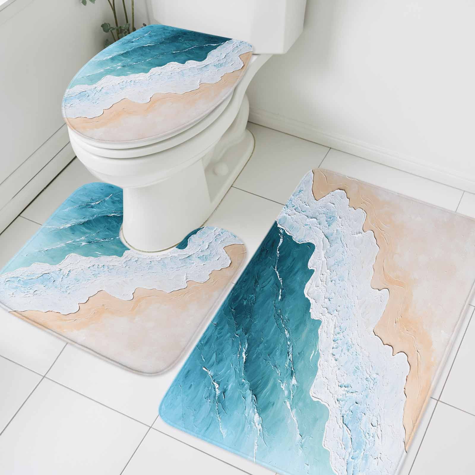 Beige Blue Bathroom Rugs Set Gradient Ocean Wave Beach Abstract Modern ...