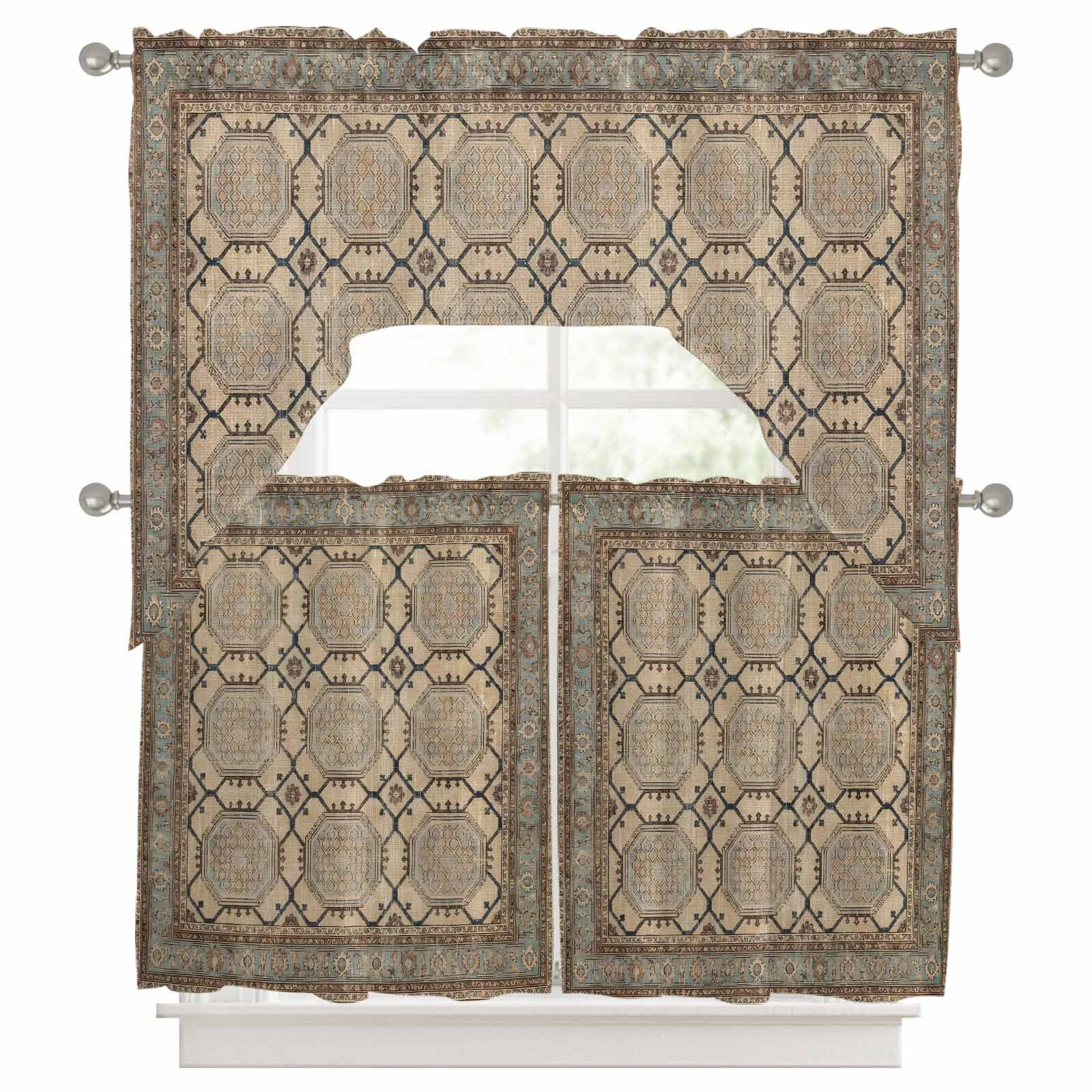 Beige Blue Boho Kitchen Curtains Swag Valance and Tier Curtains Set 24 ...