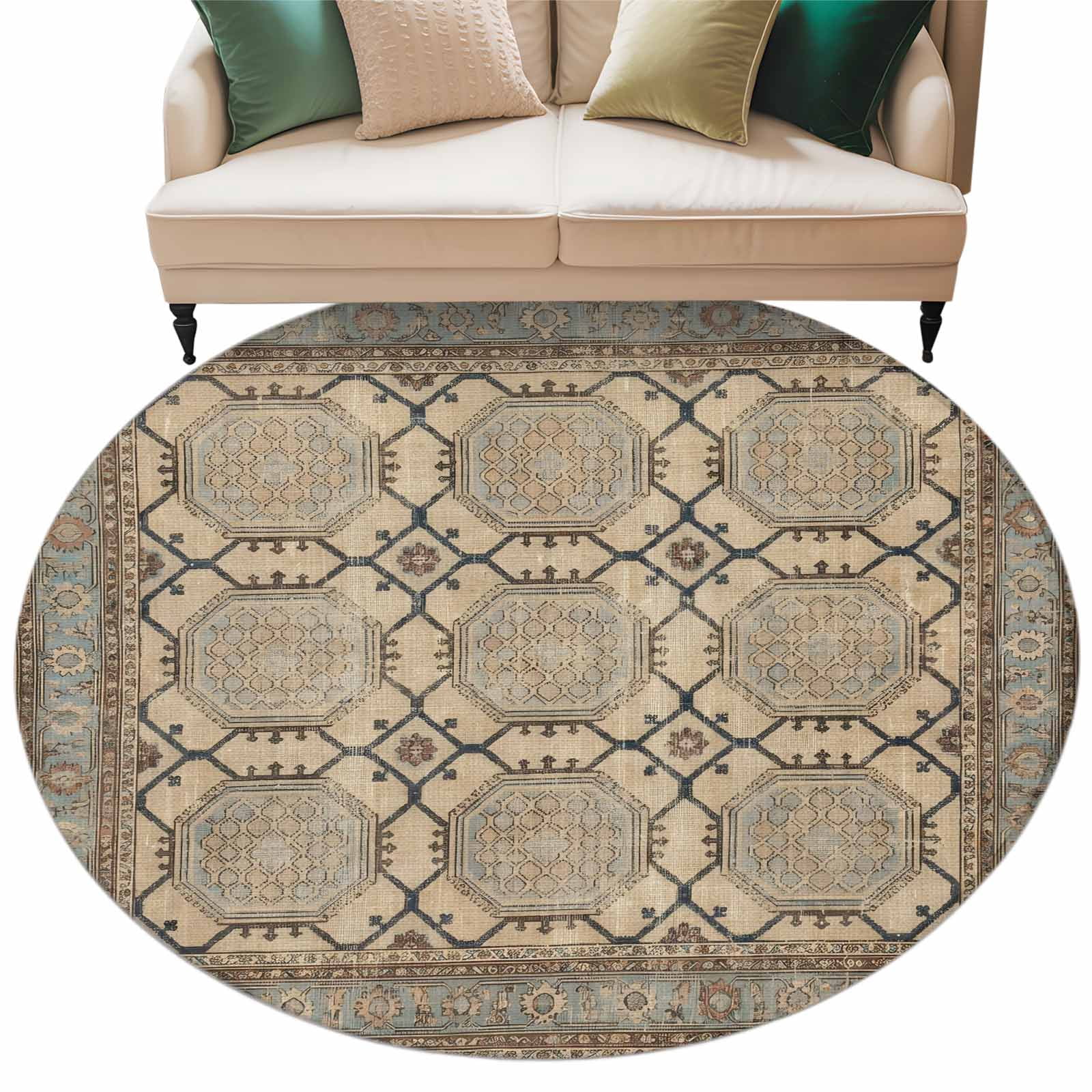 Beige Blue Boho Round Rug 6ft Washable Circle Kitchen Rugs Non Slip ...
