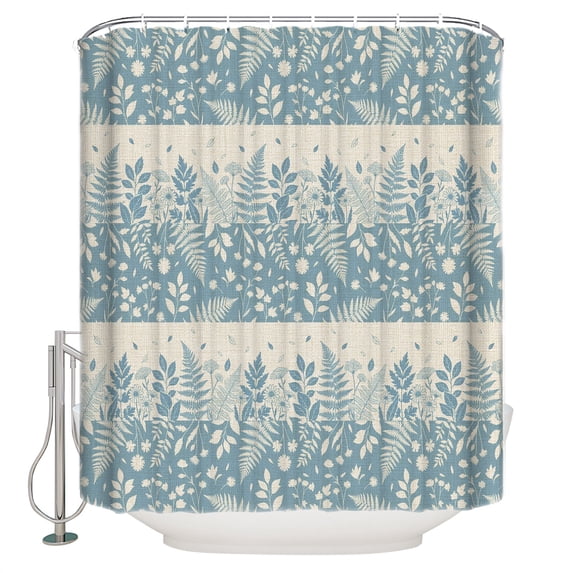 Beige Blue Botanical Bathroom Shower Curtains with 12 Hooks Waterproof ...