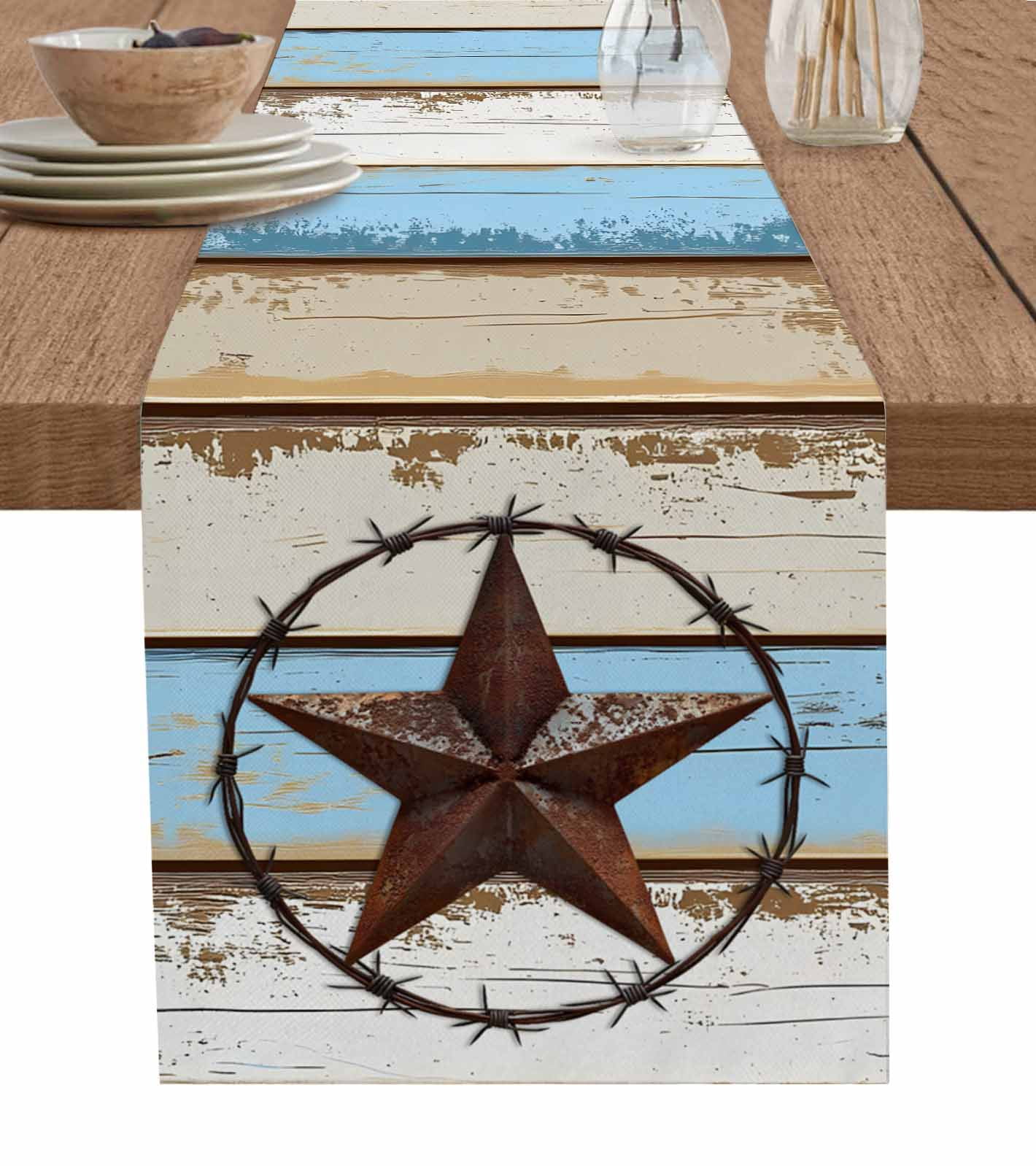 Beige Blue Brown Star Table Runner 70 Inches, Texas Star Wooden Vintage ...