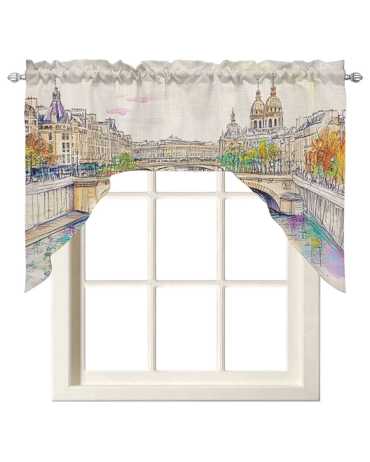Beige Blue Building Kitchen Swag Valances for Windows, Modern Art Swag ...