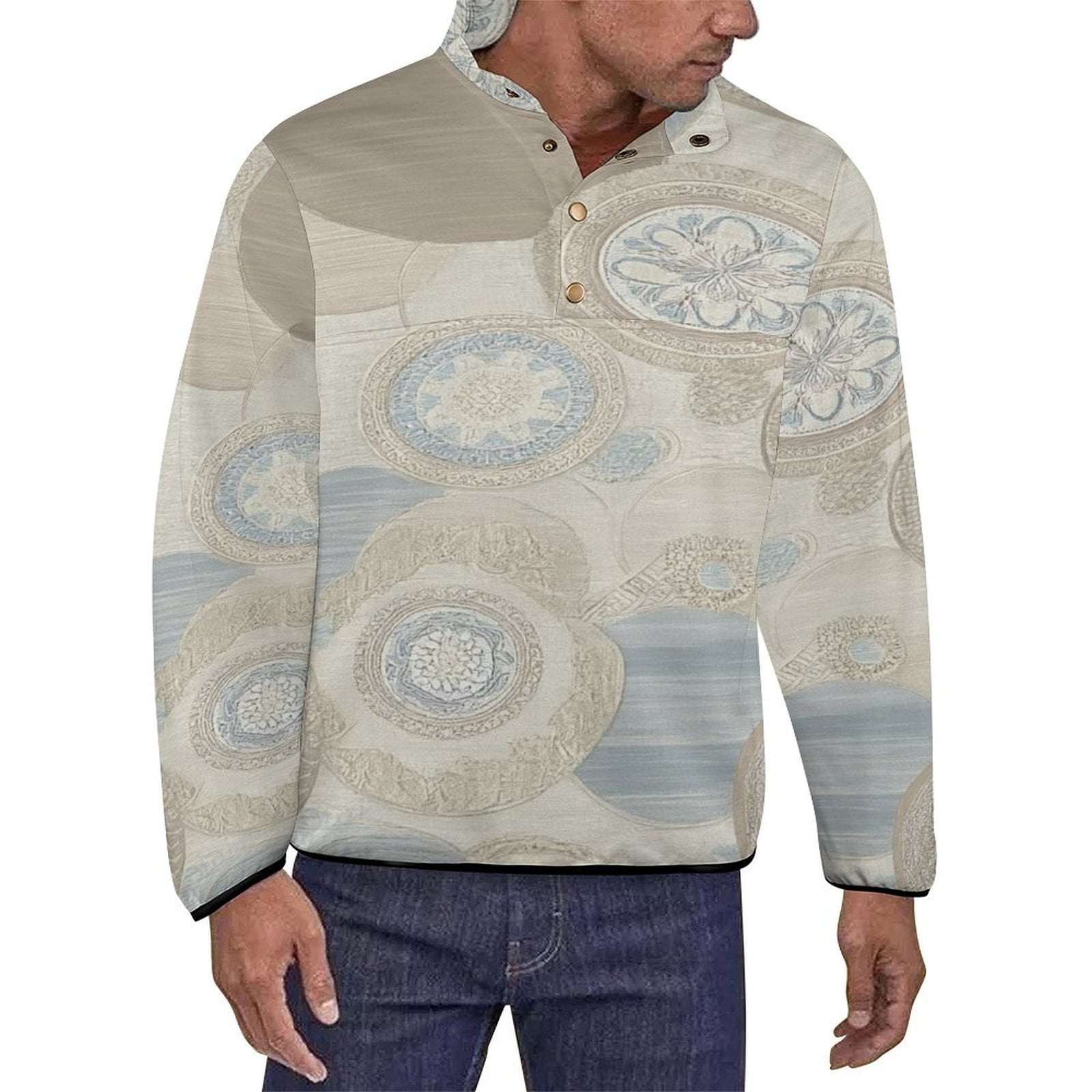 Beige Blue Circular Pattern Textile Men's Stand Collar Sweater Long ...
