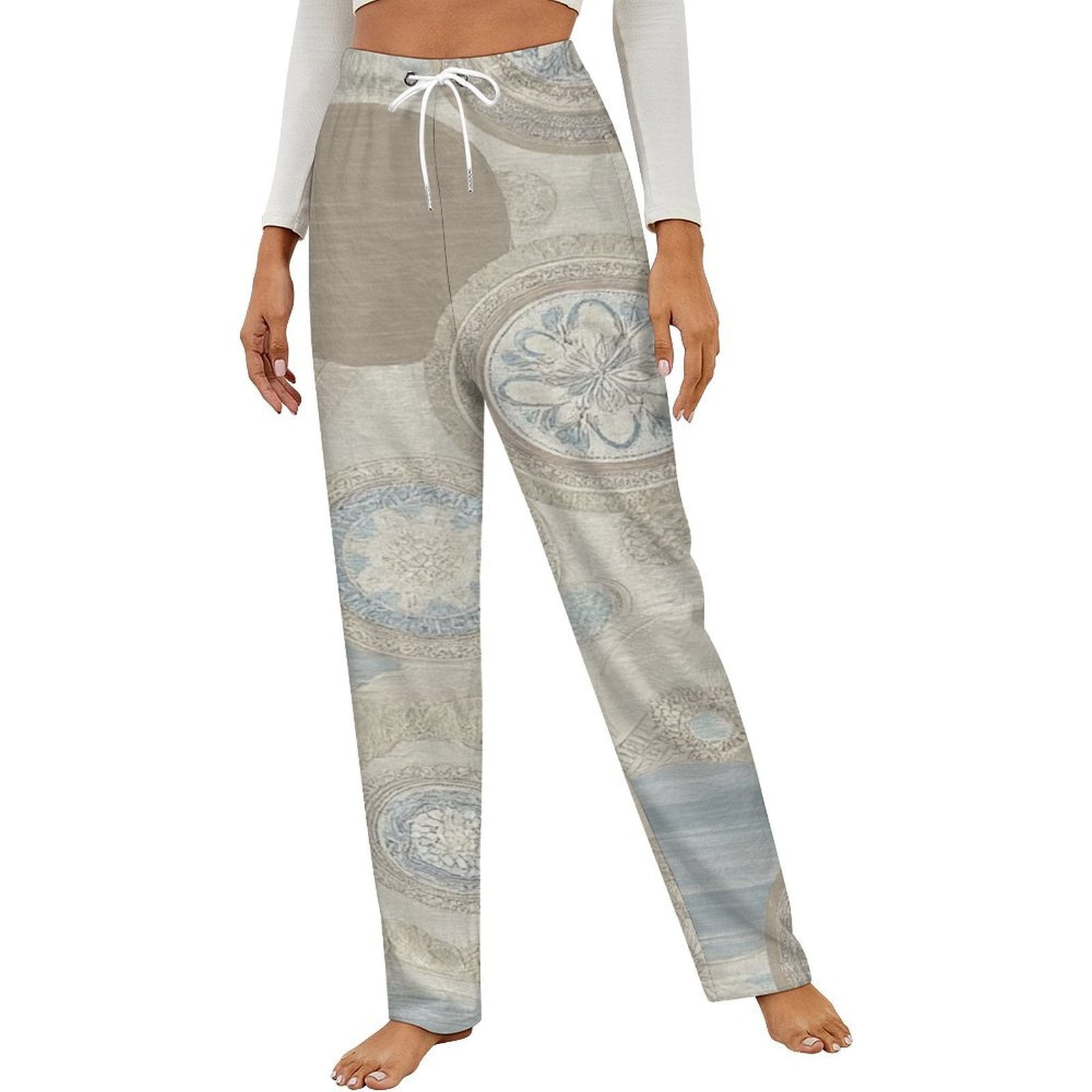 Beige Blue Circular Pattern Textile Winter Female Pants Flannel High ...