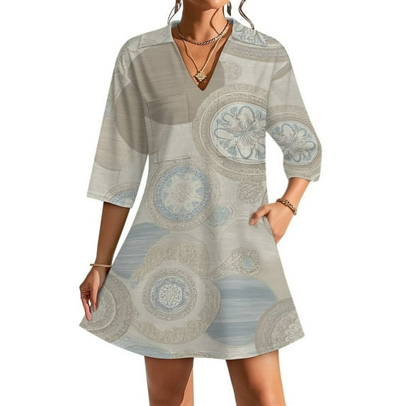 Beige Blue Circular Pattern Textile Womens Dress With Pockets Summer V ...