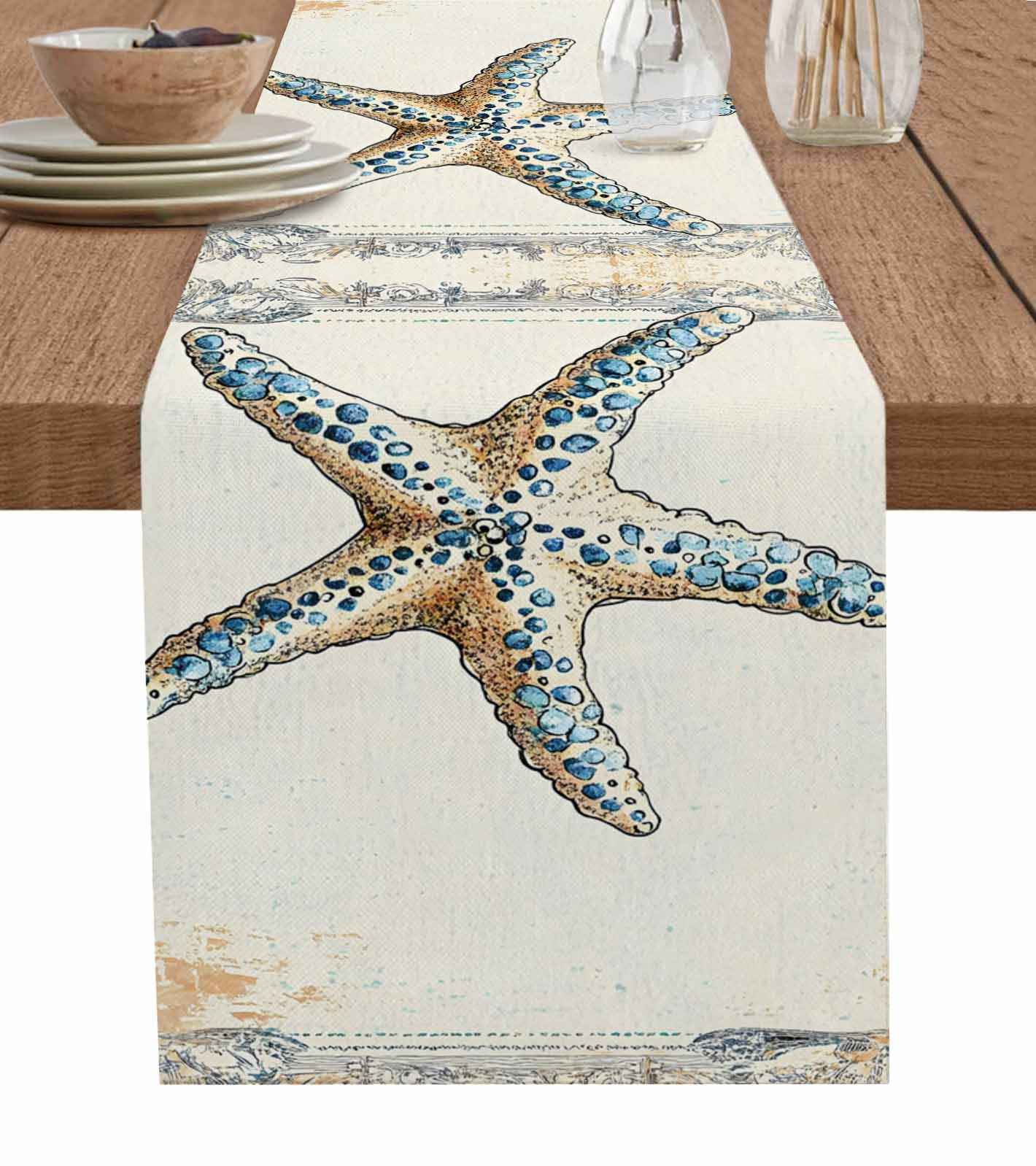 Beige Blue Coastal Burlap Cotton Table Runner 13x120 Inches Long ...