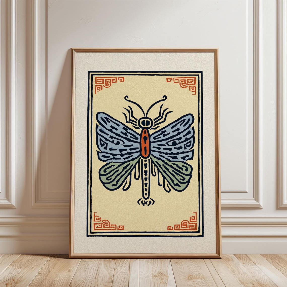 Beige Blue Dragonfly Poster Tribal Line Art Insect Folk Style Art ...