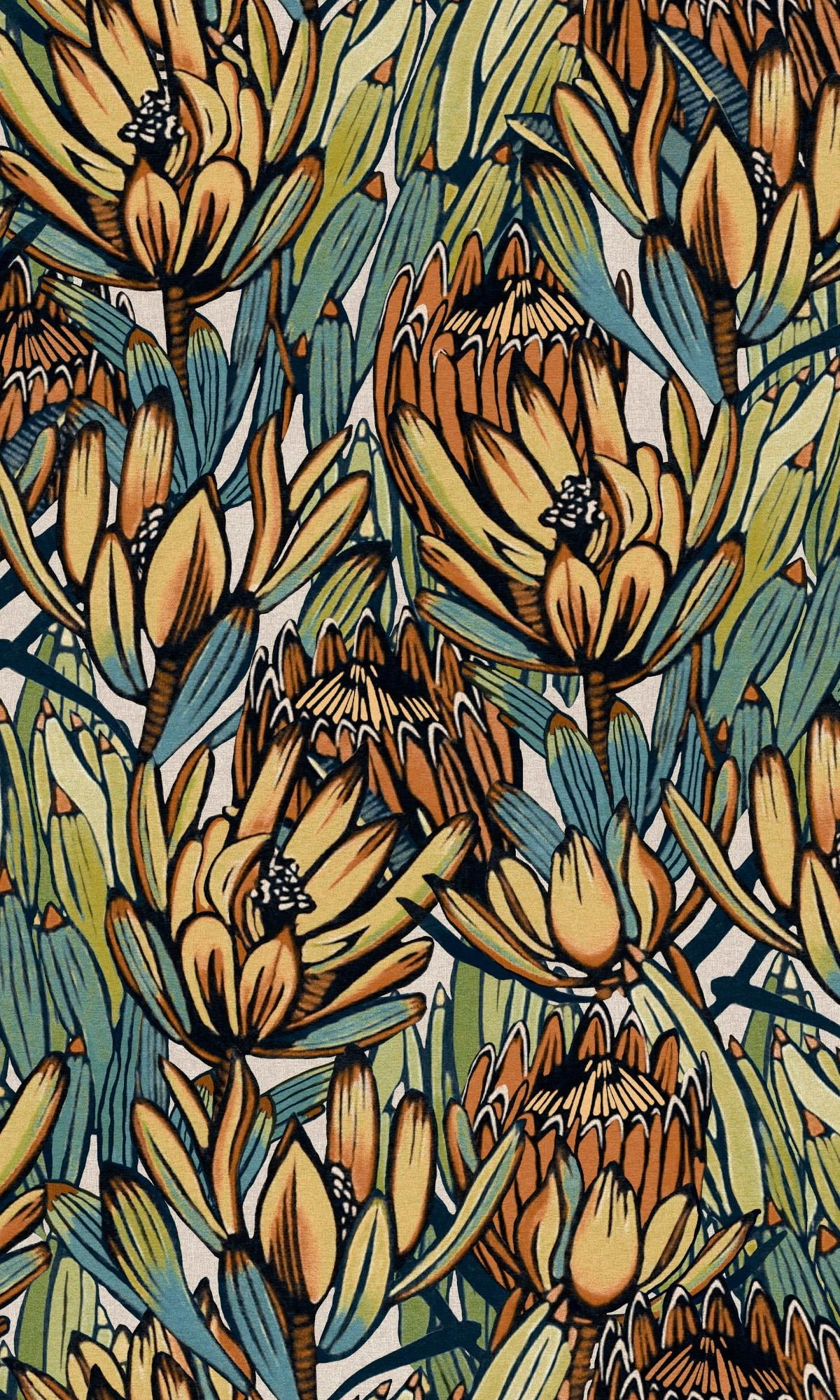 Beige & Blue Exotic Protea Flower Floral Wallpaper, Double Roll, 57 ...