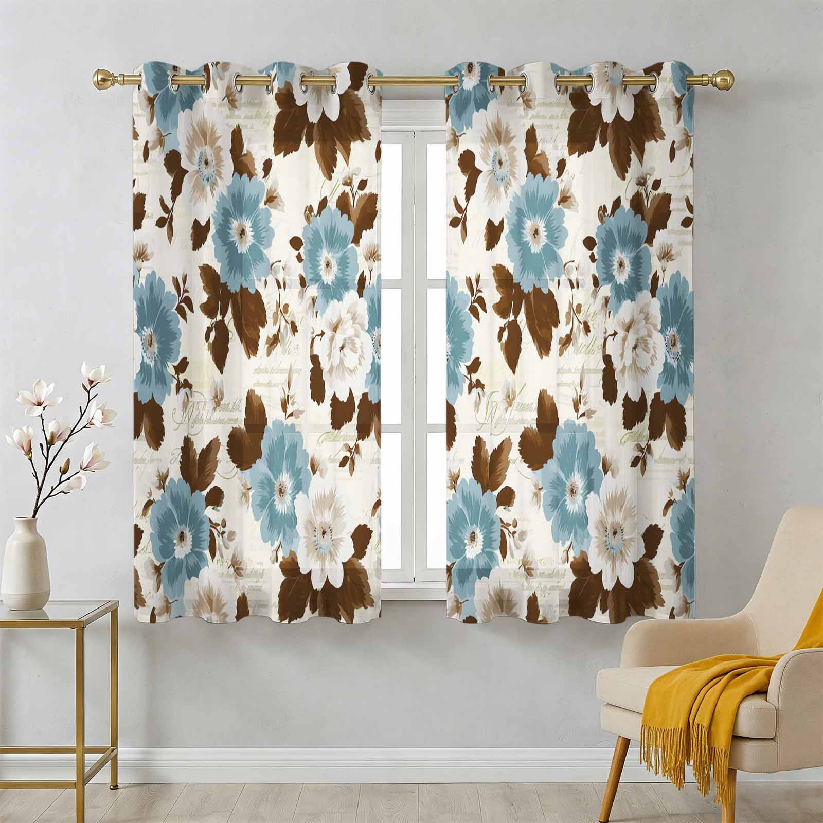 Beige Blue Floral Sheer Curtains 45 Inch Long 2 Panels, Retro Country ...