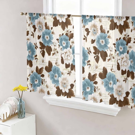 Beige Blue Floral Sheer Curtains for Living Room Bedroom, Retro Country ...
