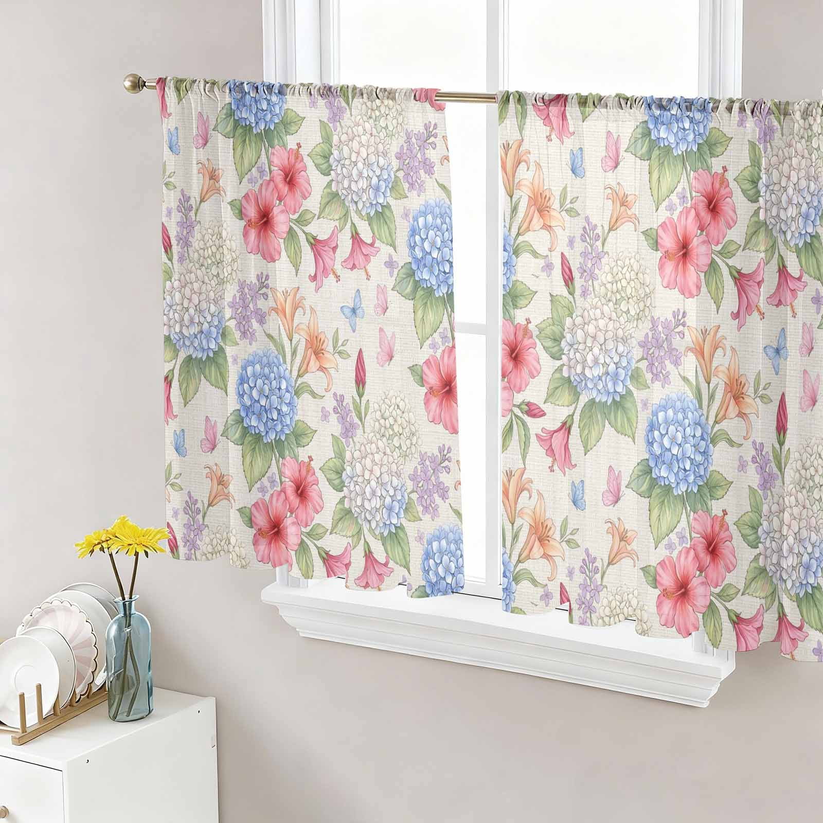 Beige Blue Hydrangea Sheer Curtains for Living Room Bedroom Farmhouse ...