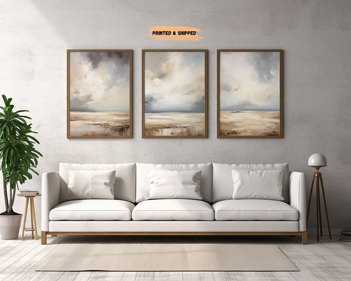 Beige Blue Ocean Abstract Wall Art Set 3 Stretched Canvas 8x12 ...
