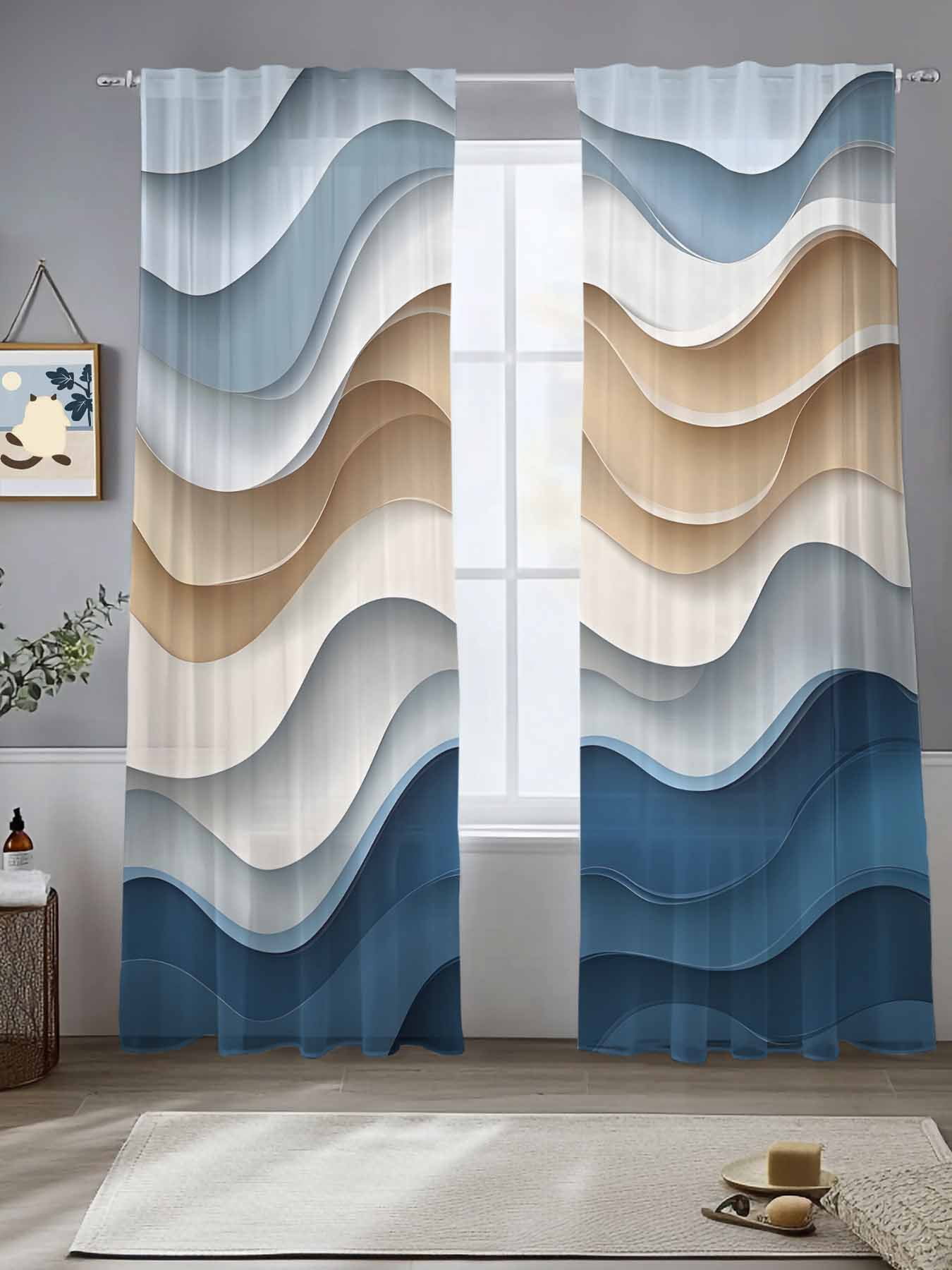 Beige Blue Ombre Sheer Curtains for Living Room Bedroom Moire Abstract Artwork Sheer Curtains 84 ...