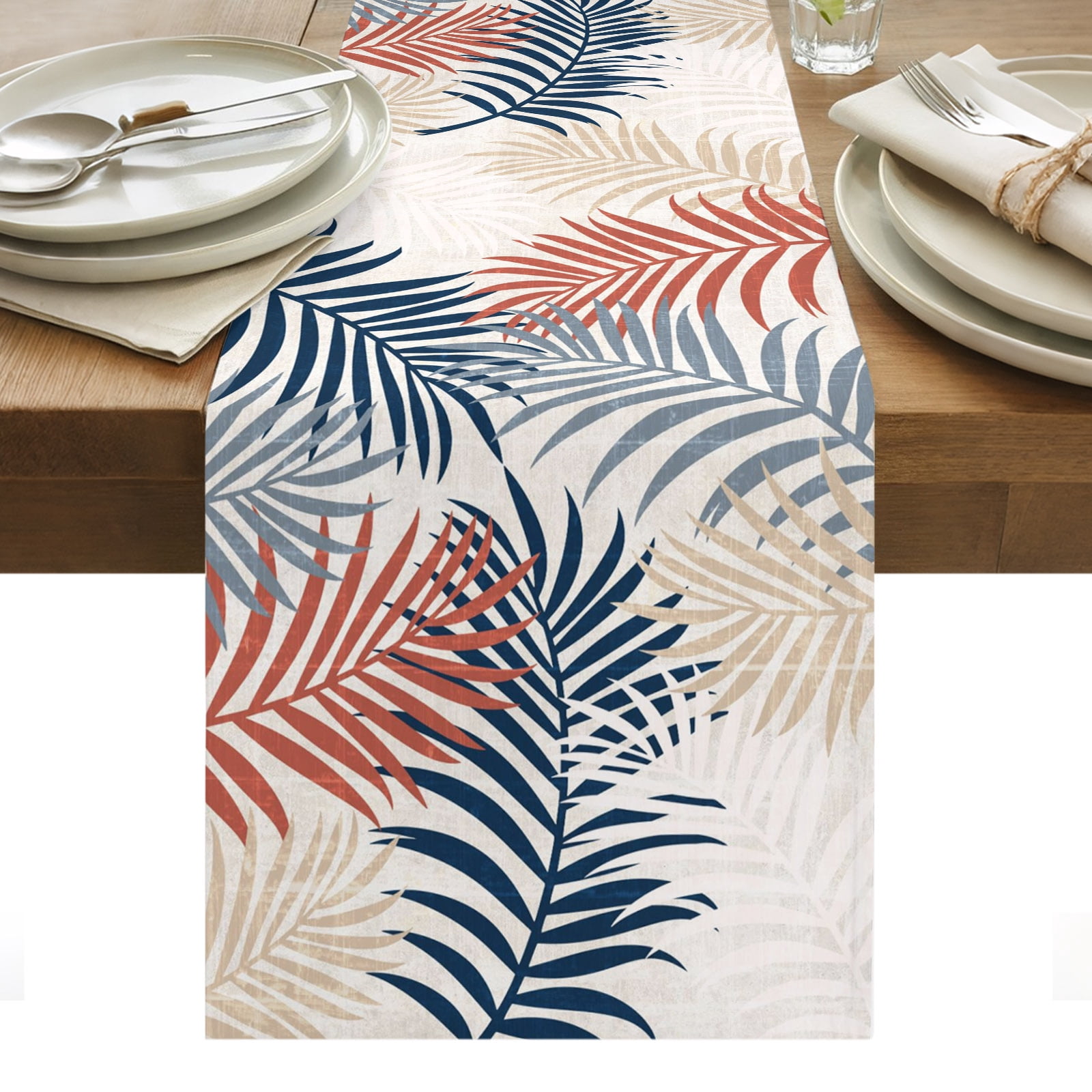 Beige Blue Palm Leaves Cotton Linen Table Runner Summer Botanical ...
