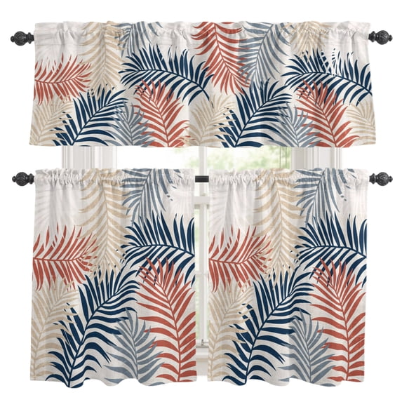 Beige Blue Palm Leaves Kitchen Curtains Set for Windows, Summer ...