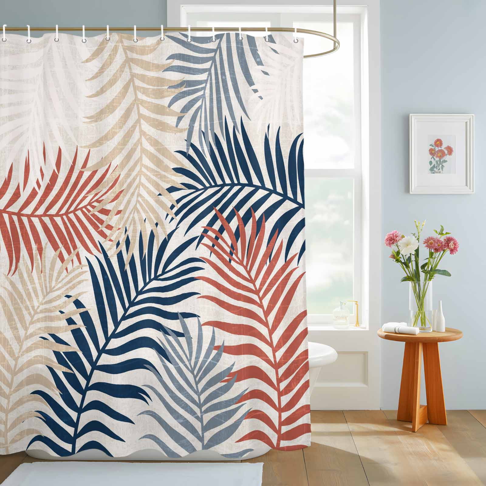 Beige Blue Palm Leaves Shower Curtain, Summer Botanical Vintage ...