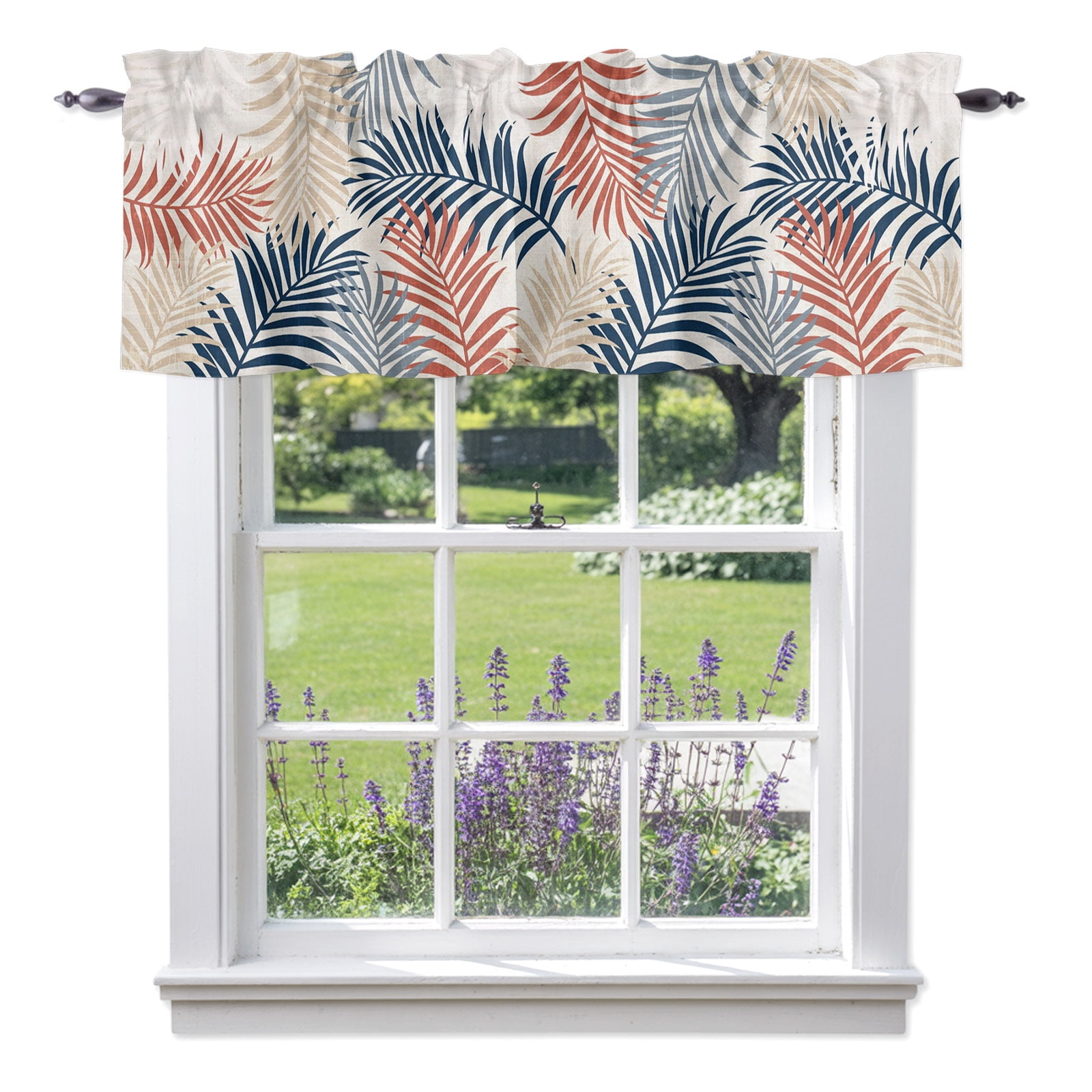 Beige Blue Palm Leaves Valances for Windows, Summer Botanical Vintage ...