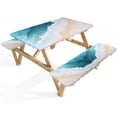 Beige Blue Picnic Table Cover with Bench Covers Gradient Ocean Wave ...