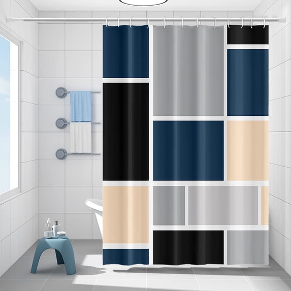 Beige Blue Rectangle Pattern Waterproof Fabric Geometrical Shower ...