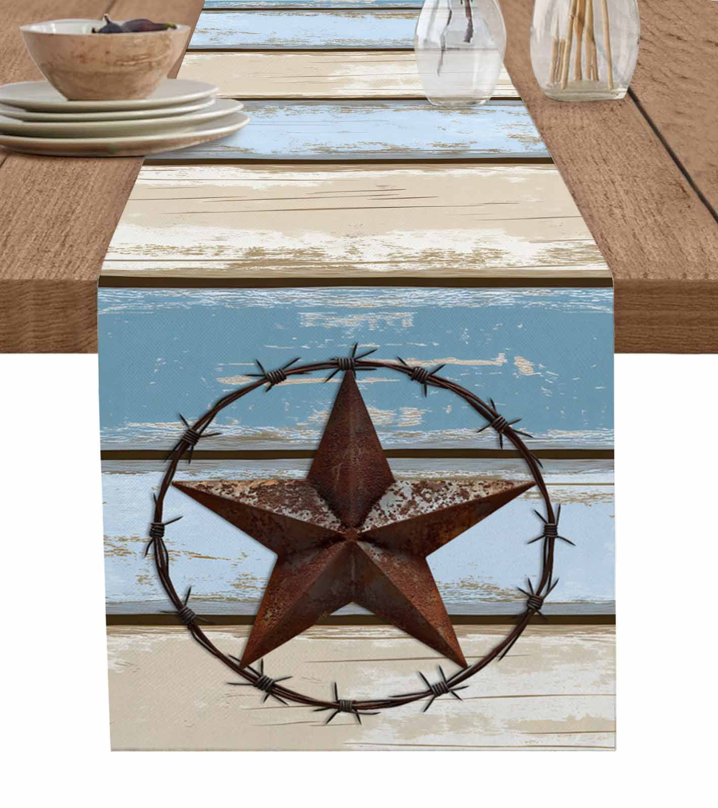Beige Blue Star Burlap Cotton Table Runner 14x72 Inches Long, Texas ...