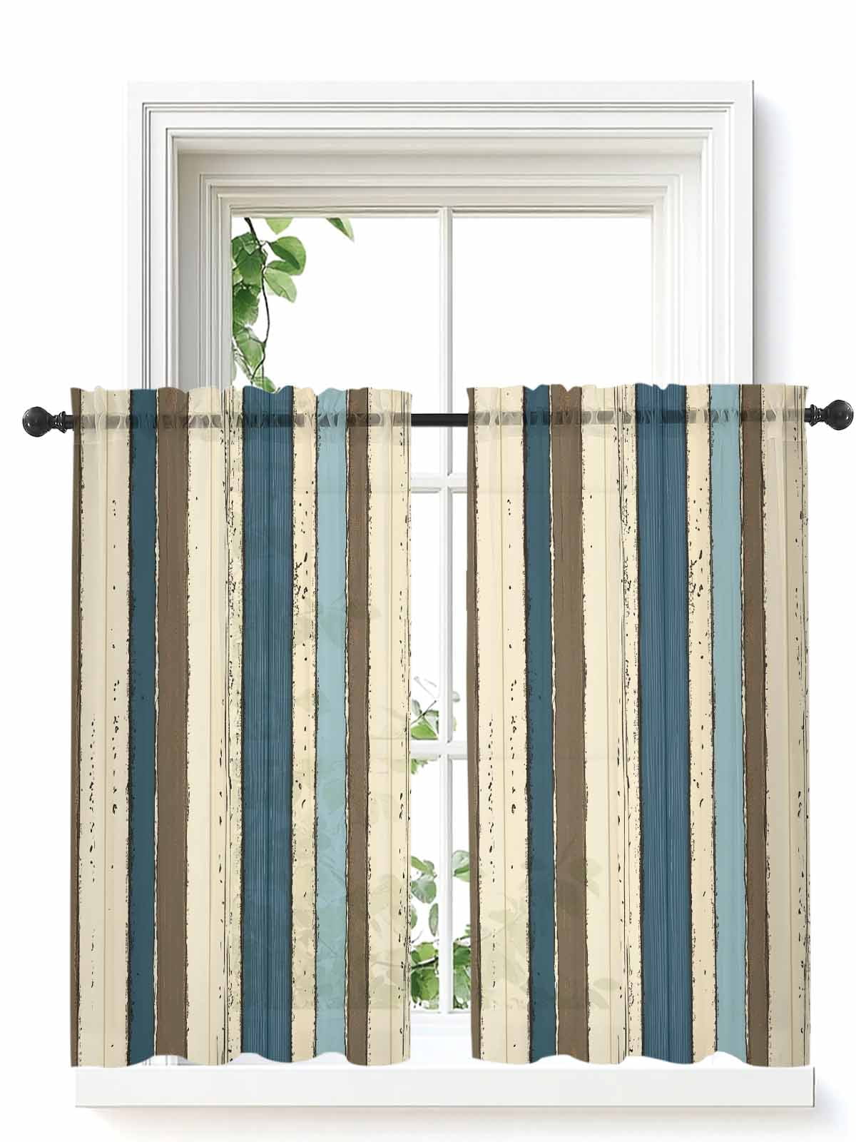 Beige Blue Stripes Curtains 54 Inch Length, Sheer Curtains for Bedroom ...