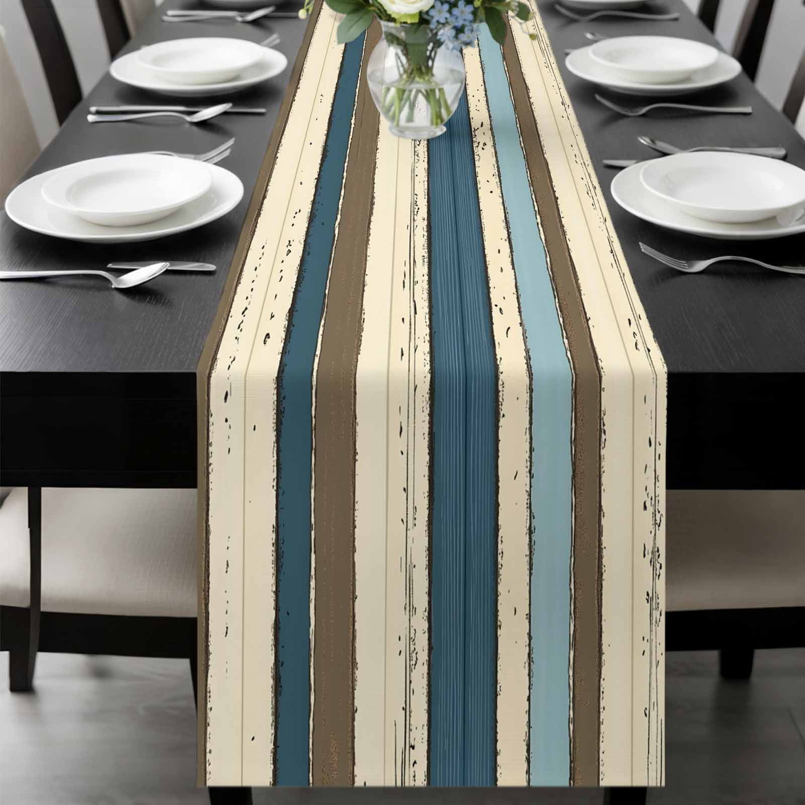 Beige Blue Stripes Table Runner 72 Inches Long, Bogo Rustic Brown ...