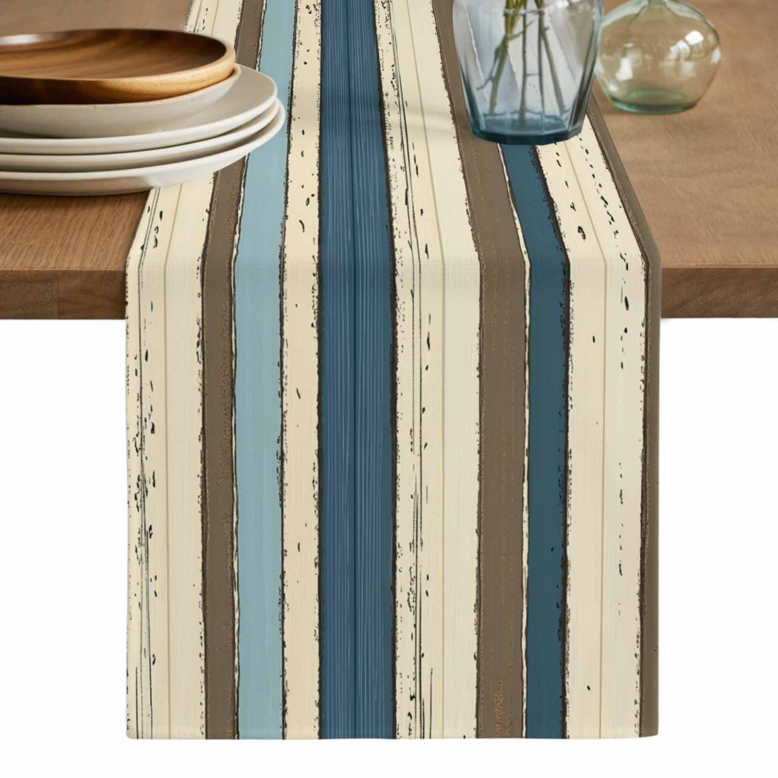 Beige Blue Stripes Table Runner, Bogo Rustic Brown Farmhouse Wooden ...