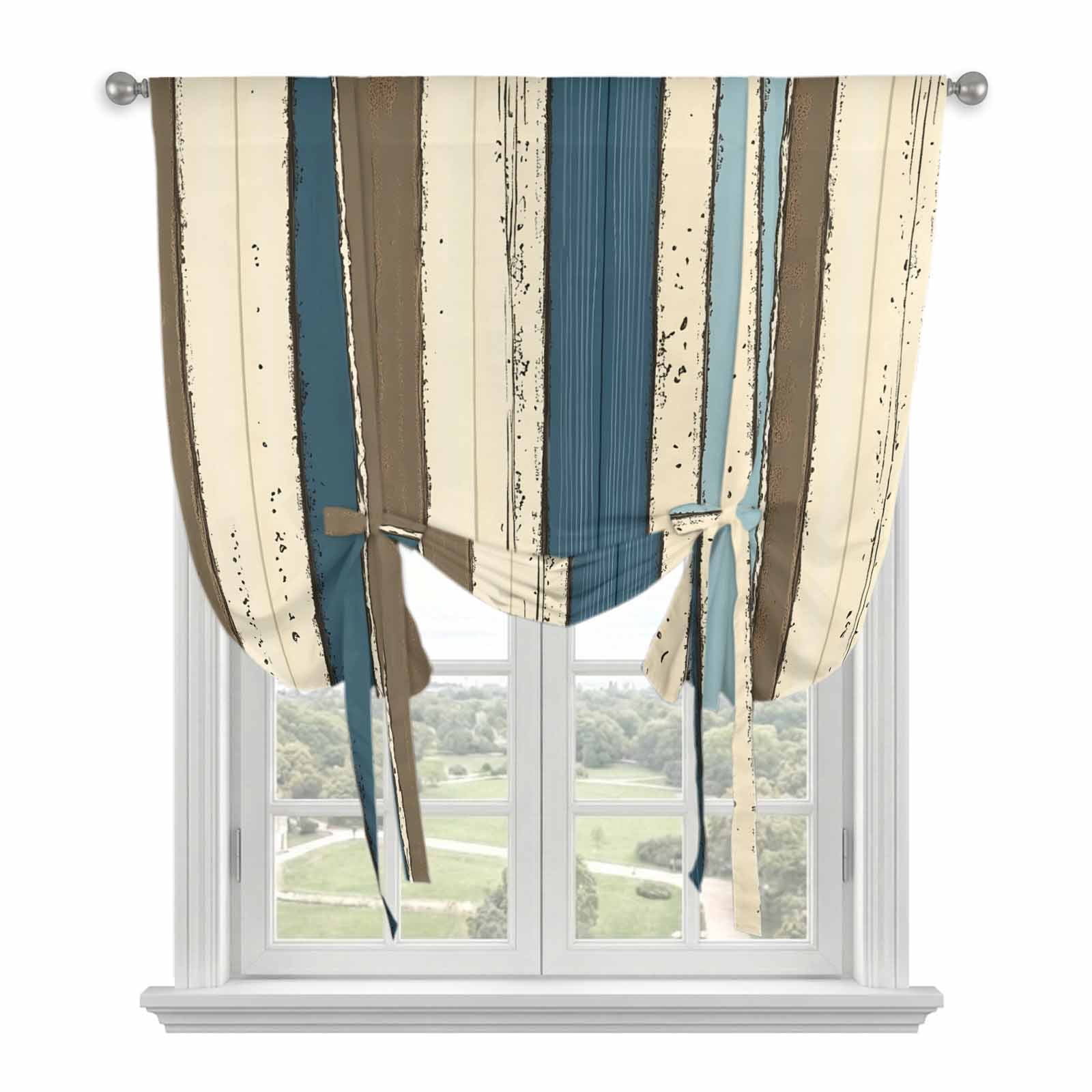 Beige Blue Stripes Tie Up Curtains for Windows, Adjustable Rod Pocket ...