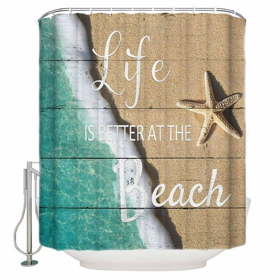 Beige Blue Summer Beach Bathroom Shower Curtains with 12 Hooks ...